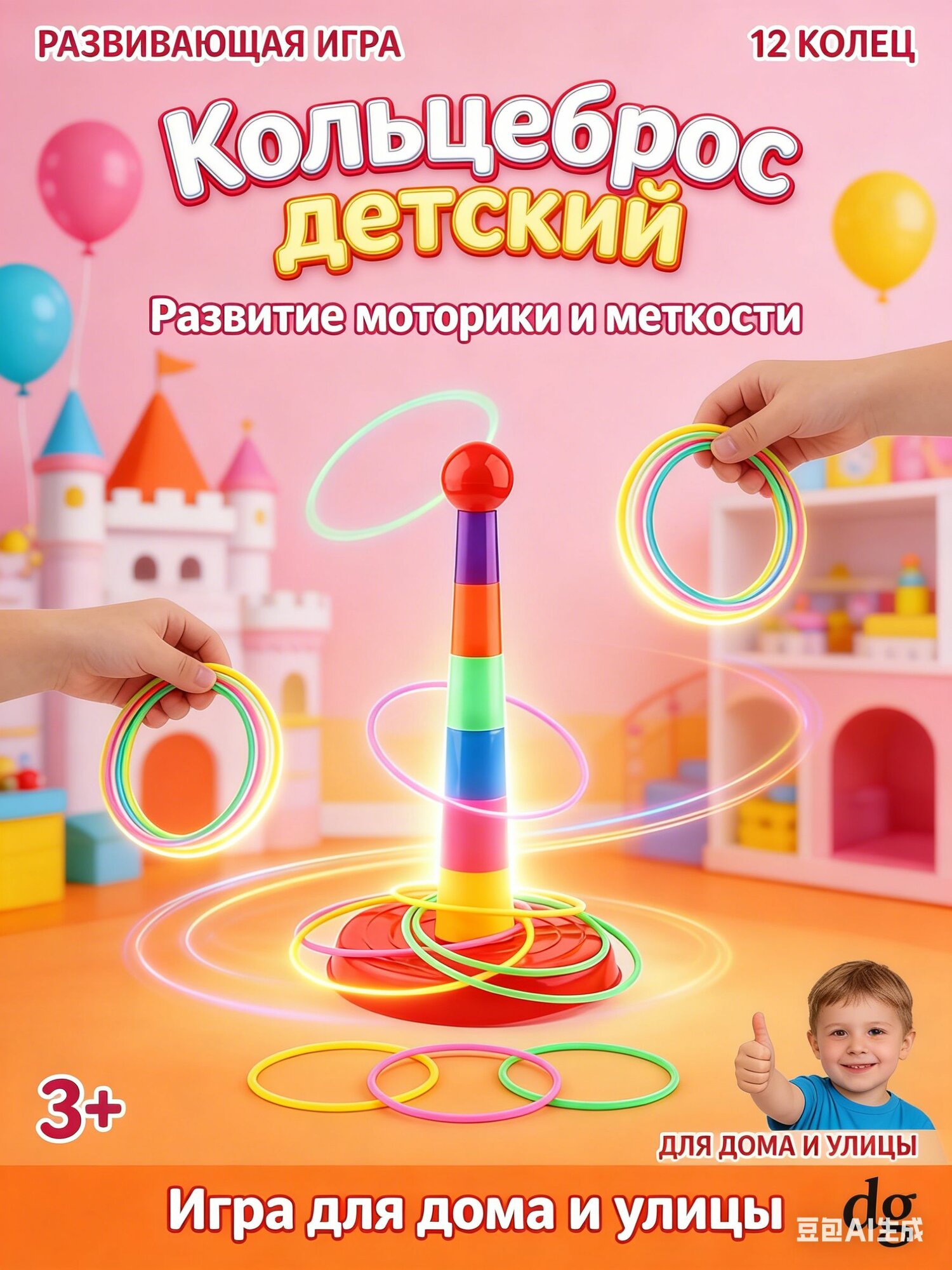 Детский кольцеброс с башней и 12 кольцами