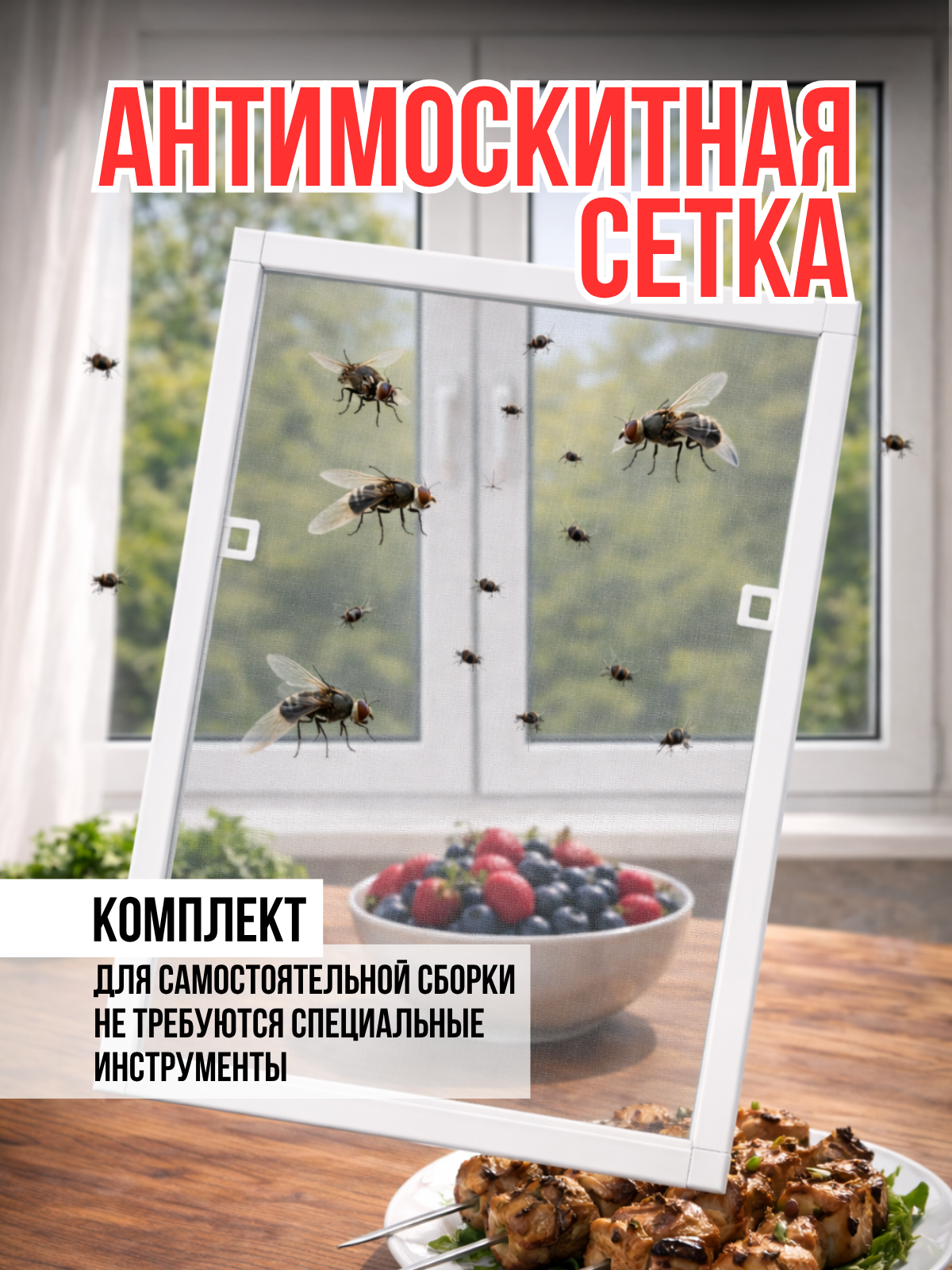 Москитная сетка 1380х520 мм, на окна и двери, комплект для самостоятельной сборки, белая рамка