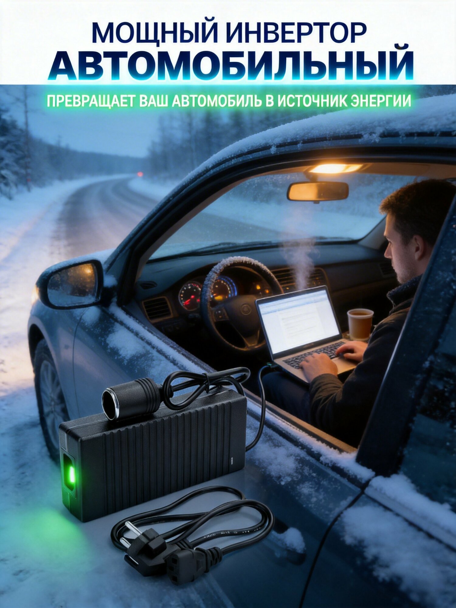 Инвертор автомобильный 220-12V 15A, адаптер питания с подключением к прикуривателю для компрессора, пылесоса и автомобильной электроники