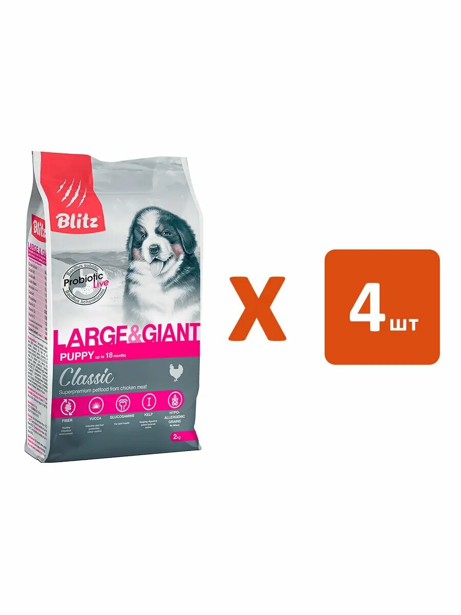 Сухой корм Blitz Classic Puppy Large & Giant Breeds Chicken & Rice для щенков крупных и гигантских пород курица и рис, 2 кг х 4 шт