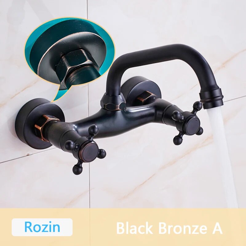 Кран для раковины Rozin Black Basin, настенный, с двумя ручками, для ванной, с поворотным выходом, антик-бронза, кран смешивателя горячей и холодной воды — черный бронза A