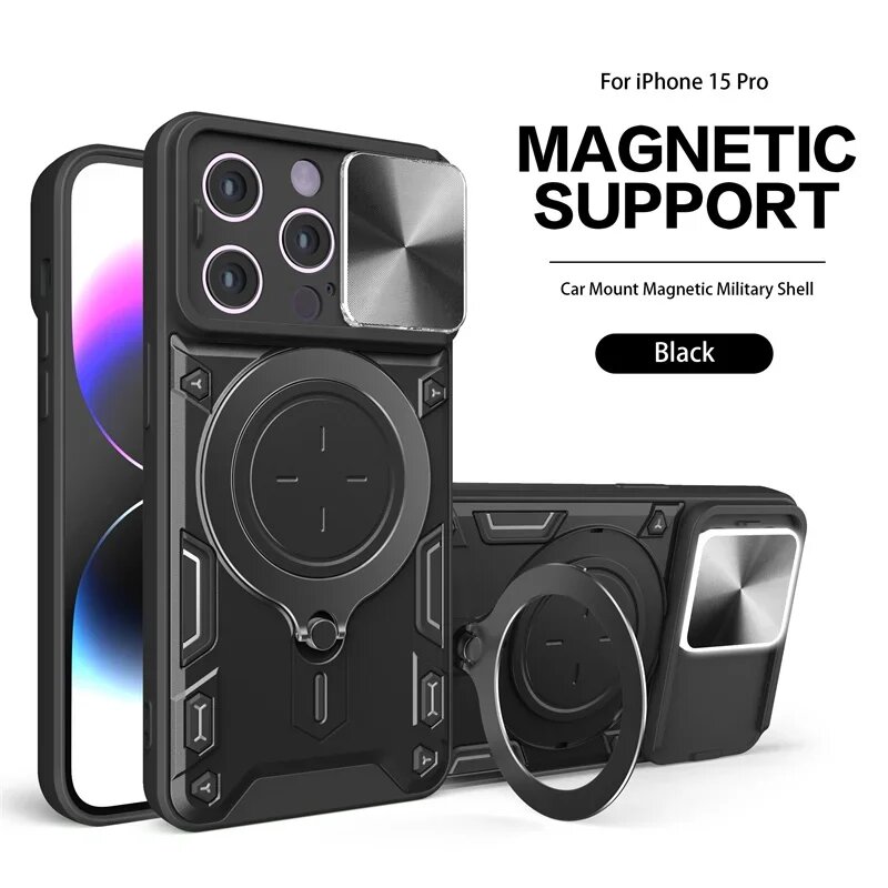 Черный противоударный чехол с магнитом и кольцом для iPhone 15 Pro