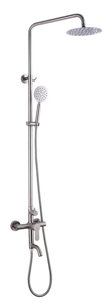 Душевая стойка Fmark FS8245 со смесителем, матовая, душевая система с тропическим душем, с изливом, с лейкой, нержавеющая сталь, рычаг сбоку