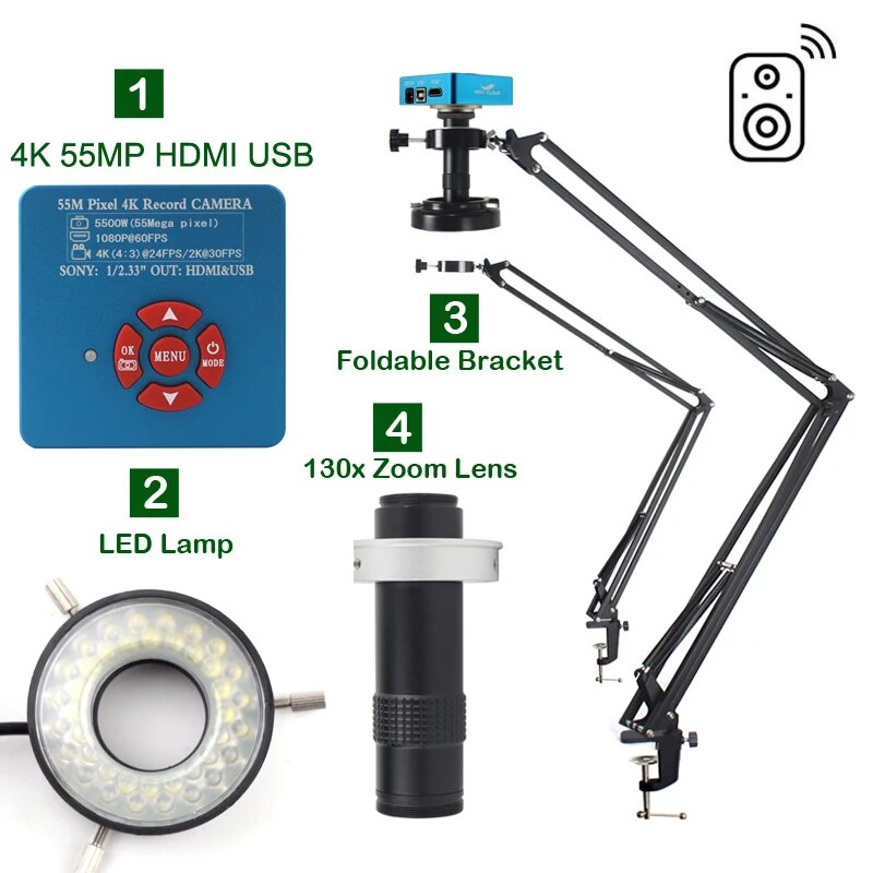 4K 55MP HDMI USB Микроскоп с LED подсветкой
