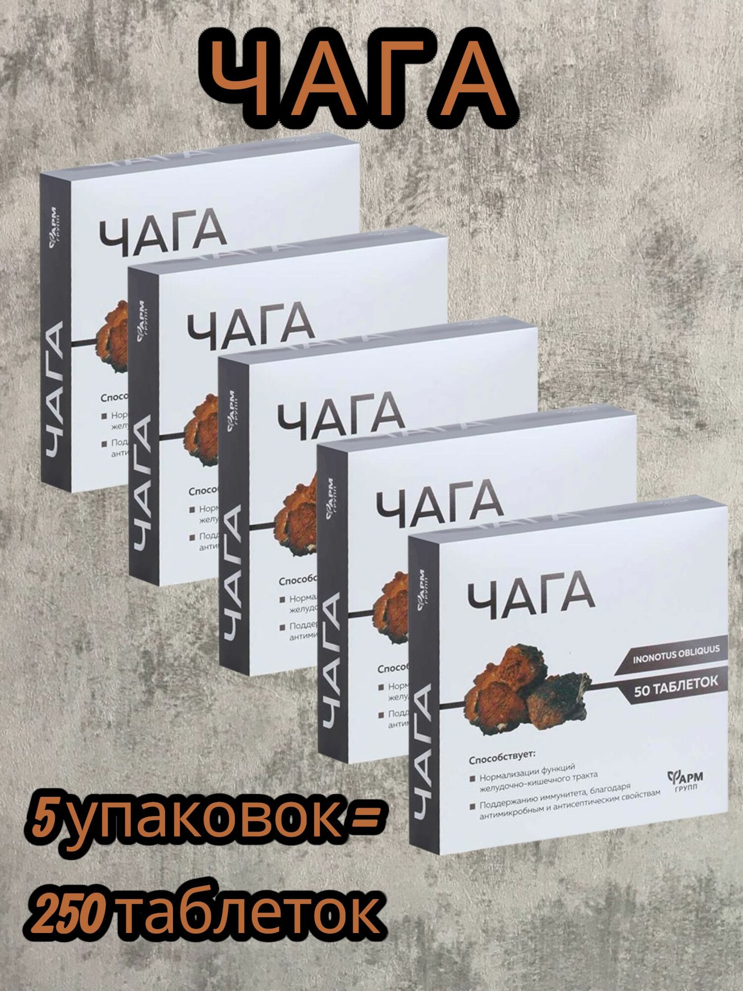 Чага, 5 упаковок, 250 таблеток