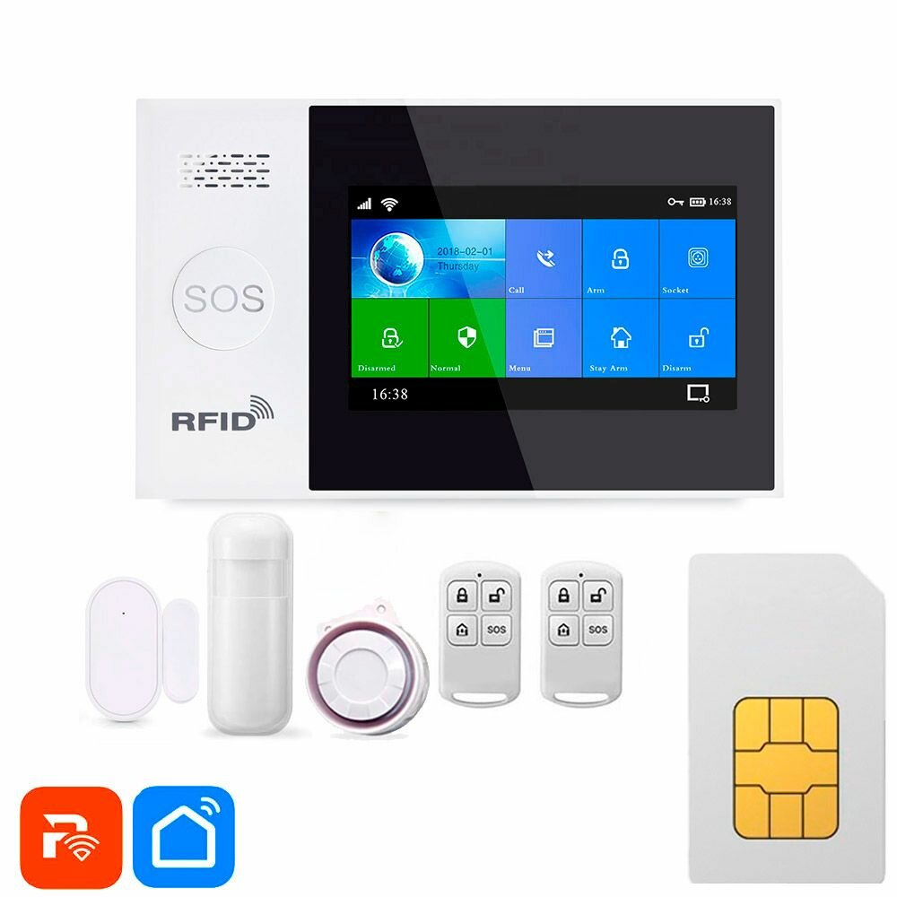 Комплект охранной сигнализации с сим-картой Ps-Link KIT-WG107T-SIM сенсорный экран, 4 проводные зоны, 99 беспроводных