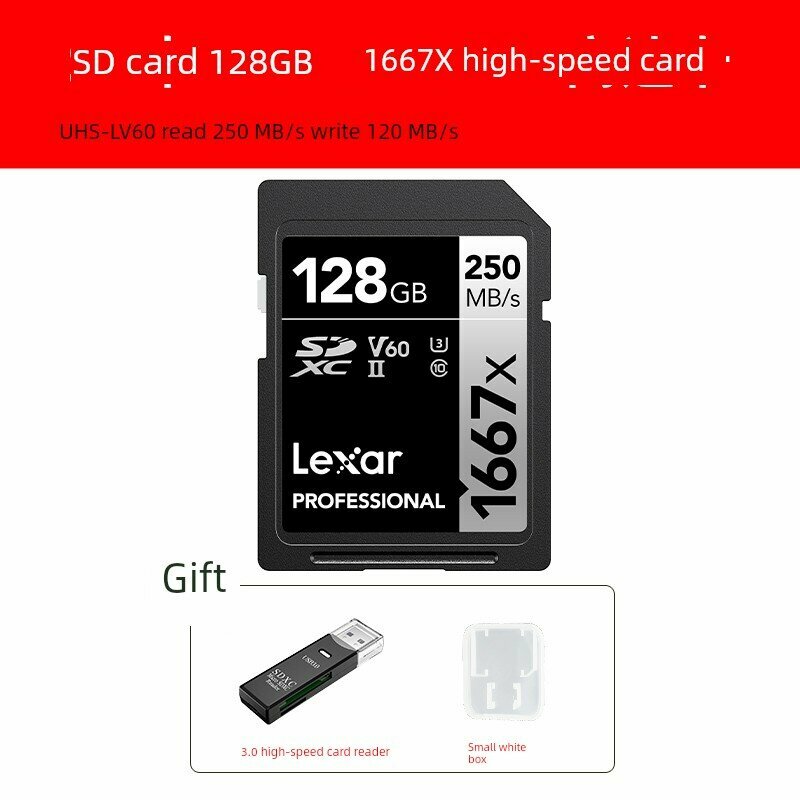 Lexar 128GB SD память, класс V60, скорость чтения 250 МБ/с, черный цвет, в комплекте оригинальный считыватель и кейс