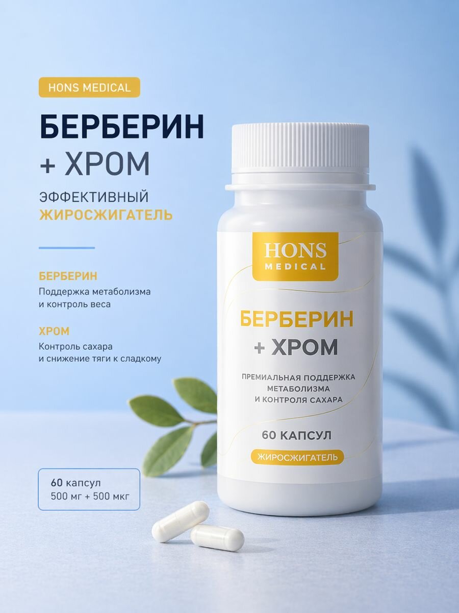 Берберин для похудения - эффективный жиросжигатель + Хром 500мг+500мкг 60 кап, HONS MEDICAL