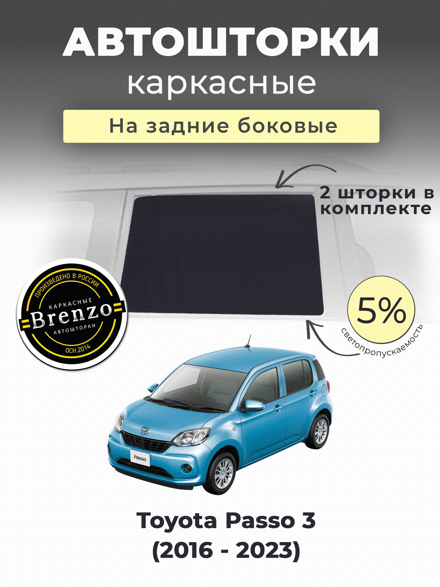 Каркасные шторки Toyota Passo 3 Хетчбек (2016 - по н. в.) на задние боковые двери 5%, сетки от солнца в машину