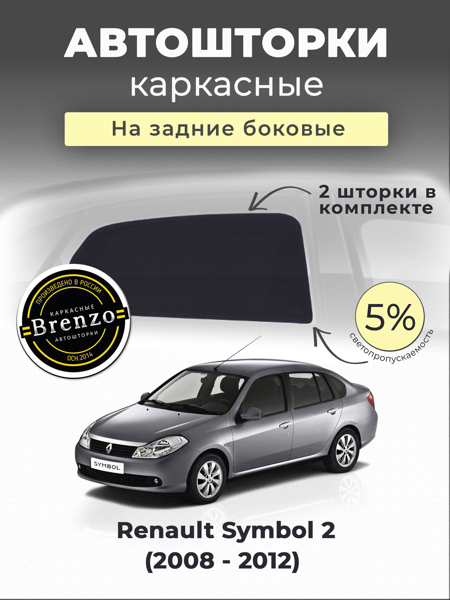 Каркасные шторки Renault Symbol 2 Седан 4дв. (2008 - 2012) на задние двери 5%, сетки от солнца в машину