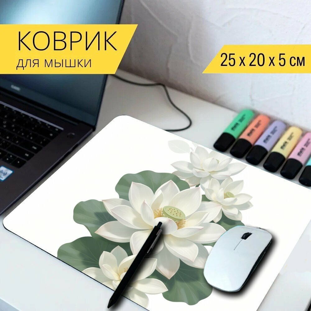 Коврик для мыши с принтом "Белые лотосы с листьями. Нежная ботаническая композиция с распустившимися водными цветами и крупными зелёными листьями. Светлая палитра, мягкие." 25x20см.