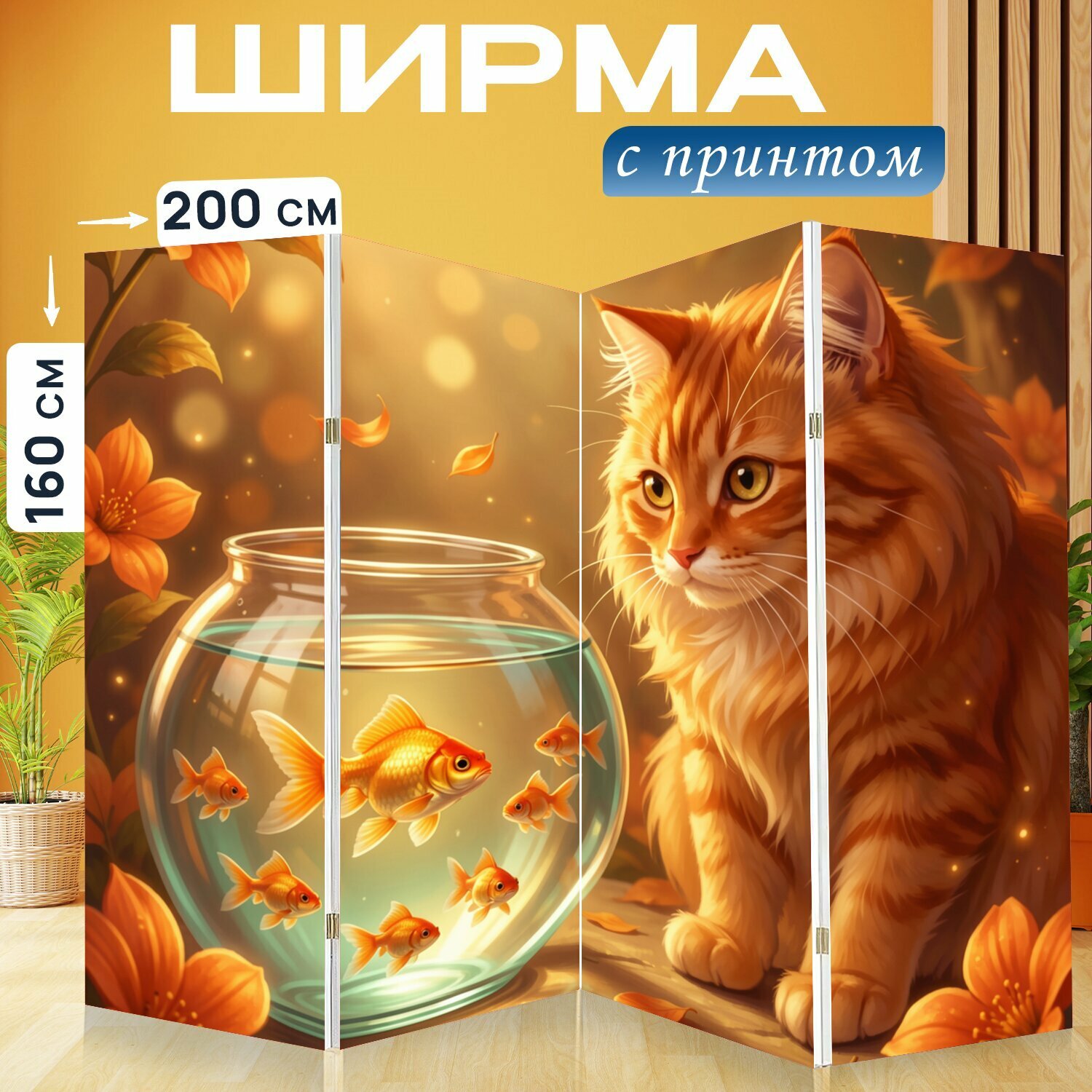 Ширма "Рыжий кот у аквариума. Пушистый полосатый питомец наблюдает за золотыми рыбками в стеклянной чаше." перегородка для зонирования комнаты с принтом 200x160 см. на холсте