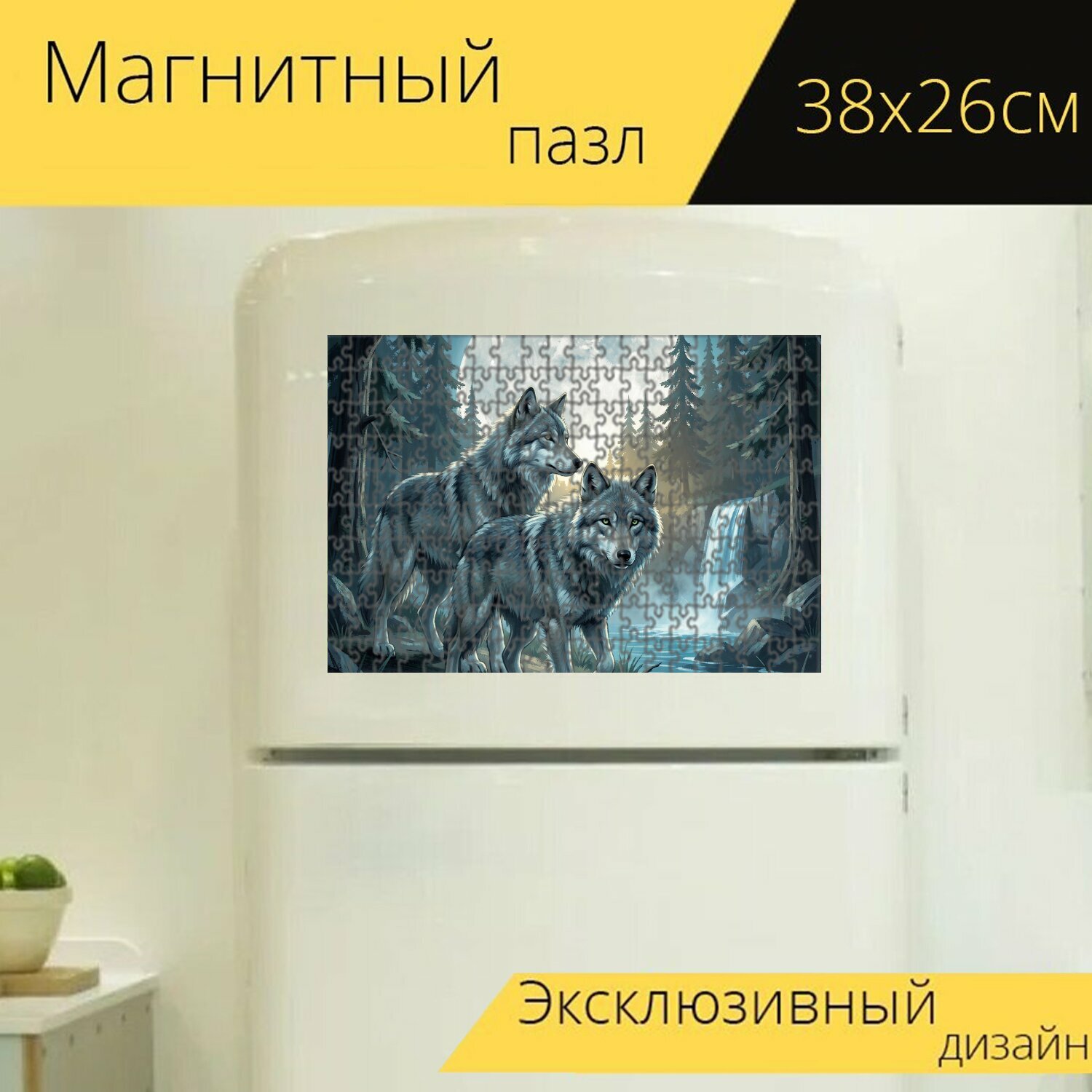 Магнитный пазл "Волки в лунном лесу. Северная сказочная сцена с двумя серыми хищниками у горной реки, водопадом и огромной полной луной. Холодные синие." для интерьера, 38х26 см.