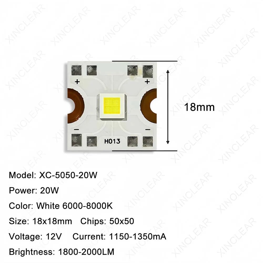 Светодиодный чип 20W 12V, белый 6000-8000K, 18x18мм