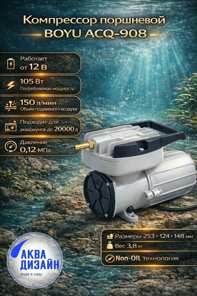 Компрессор мембранный BOYU ACQ-908, 12V для пруда и перевозки рыб