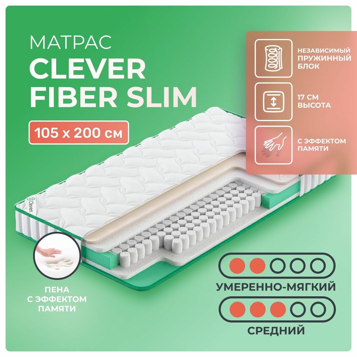 Матрас 105х200 Clever Fiber Slim, независимые пружины, двусторонний с разной жесткостью, полумягкий, cредне-жёсткий, струттофайбер memory foam пенополиуретан, односпальный 200х105