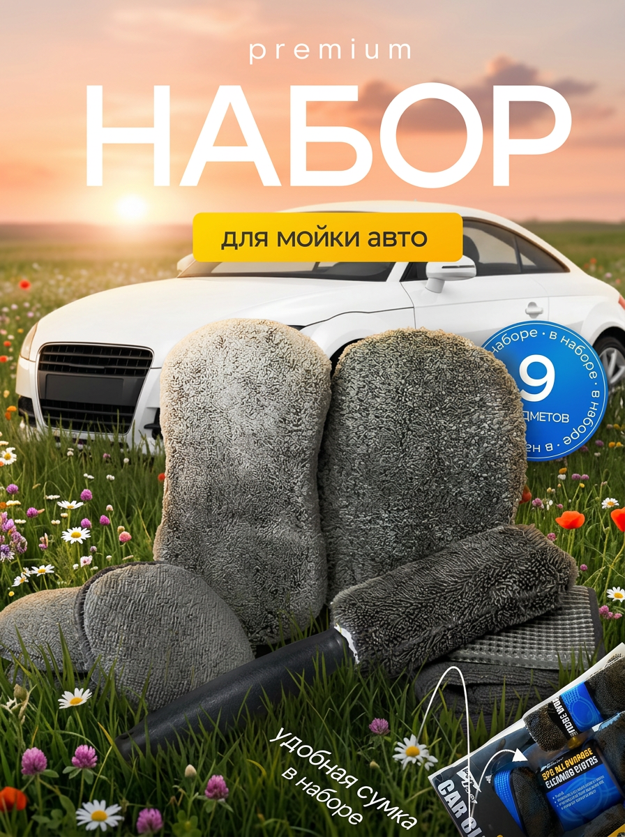 Набор для мытья автомобиля, с варежкой, роликом, губкой, 32 см x 31 см, серый