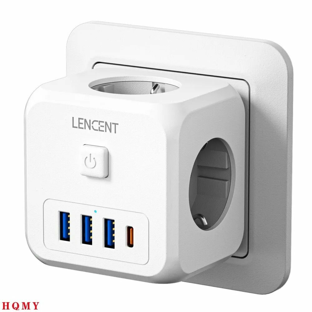 Адаптер настенный LENCENT USB Cube Switching с тремя розетками переменного тока, бестселлер, оснащенный тремя портами USB и одним TypeC, шторками и выключателем, мощность 4000 Вт