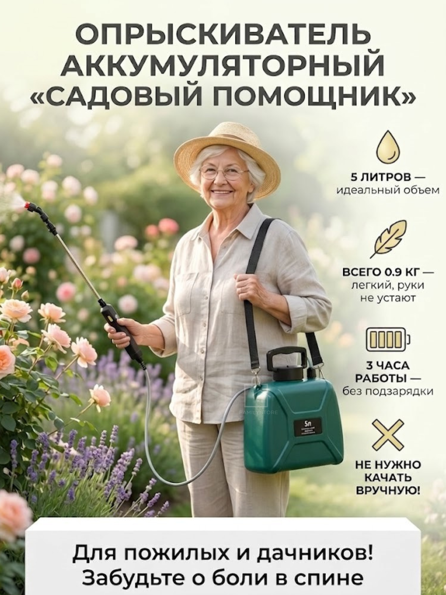 Опрыскиватель садовый, 5 л, электрический, распыление прямое и мелкодисперсное