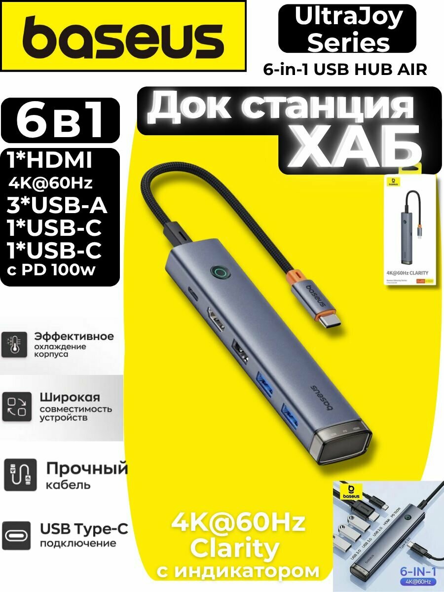 USB разветвитель Хаб Baseus UltraJoy Series 6-в-1 с индикатором type-c hub adapter / Адаптер / USB Концентратор / USB-Хаб / USB 3.0, HDMI, USB Type-C, PD