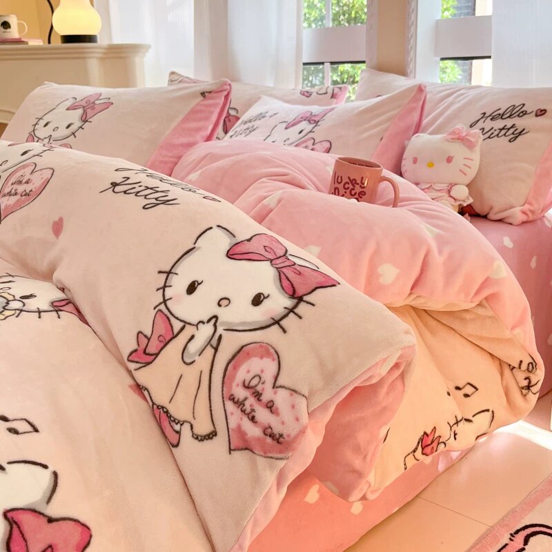 Зимний комплект постельного белья Hello Kitty из молочного вельвета, четыре предмета, утолщенный коралловый вельвет,