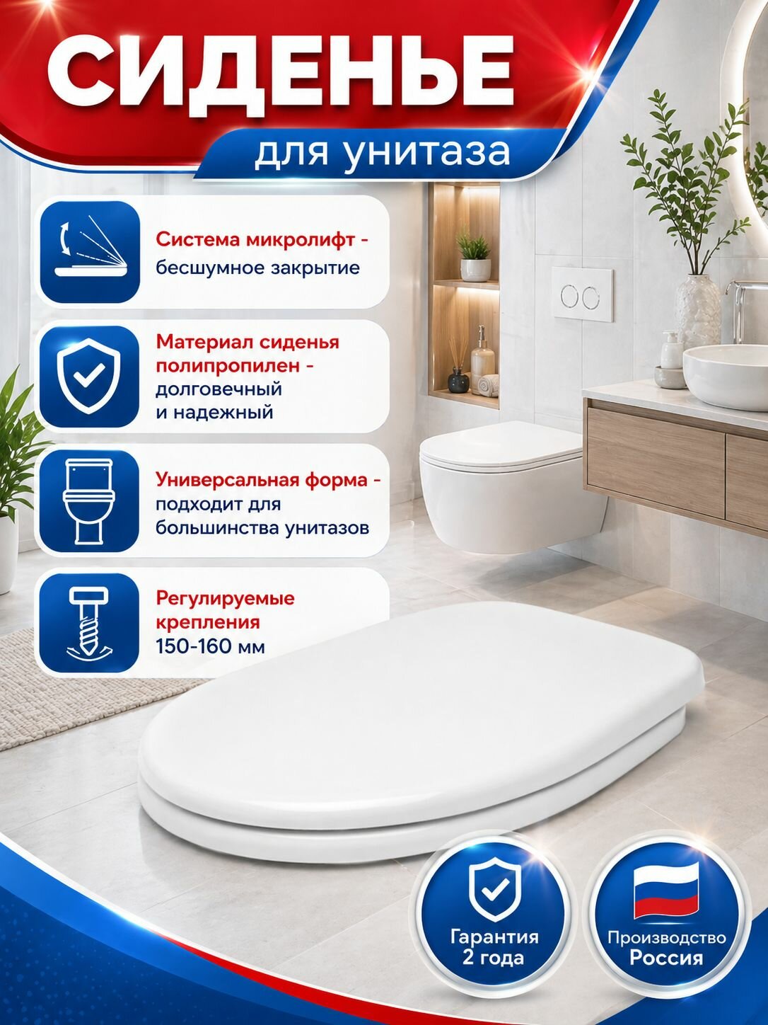 Сиденье для унитаза с микролифтом плавное опускание пластик