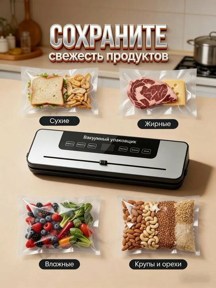 Вакуумный упаковщик для продуктов Автоматический упаковщик с 6 режимами (Влажные/Сухие/Крупы) Компактный + 10 пакетов в подарок