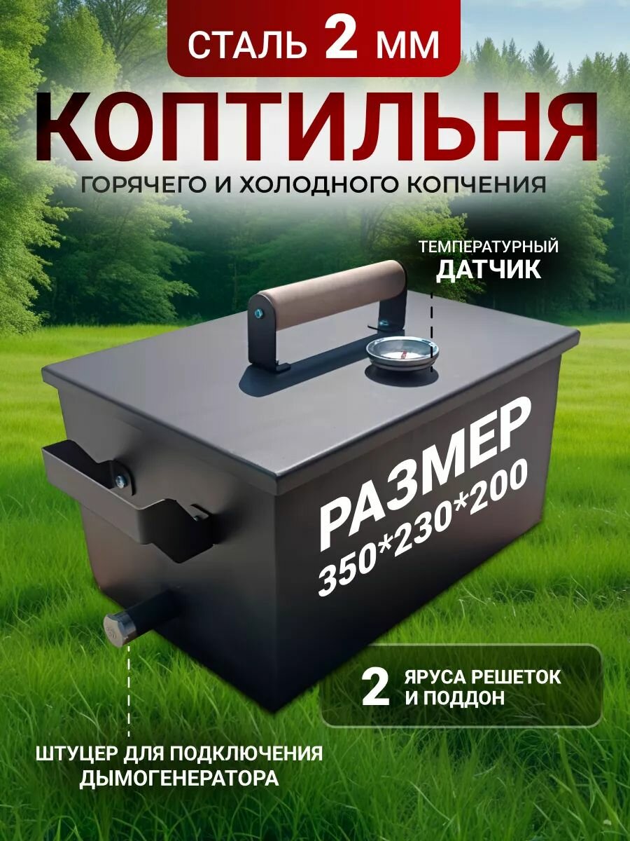 Коптильня горячего и холодного копчения с датчиком температуры 2 мм (350*230*200)