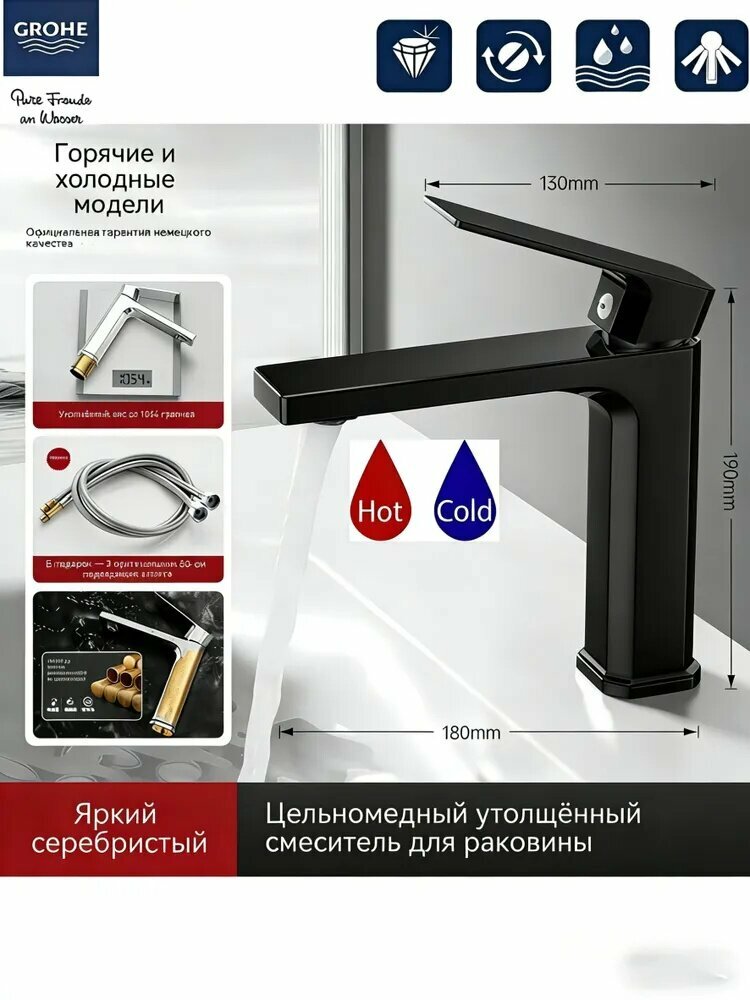 Смеситель для раковины материал: латунь, цвет- черный/матовый