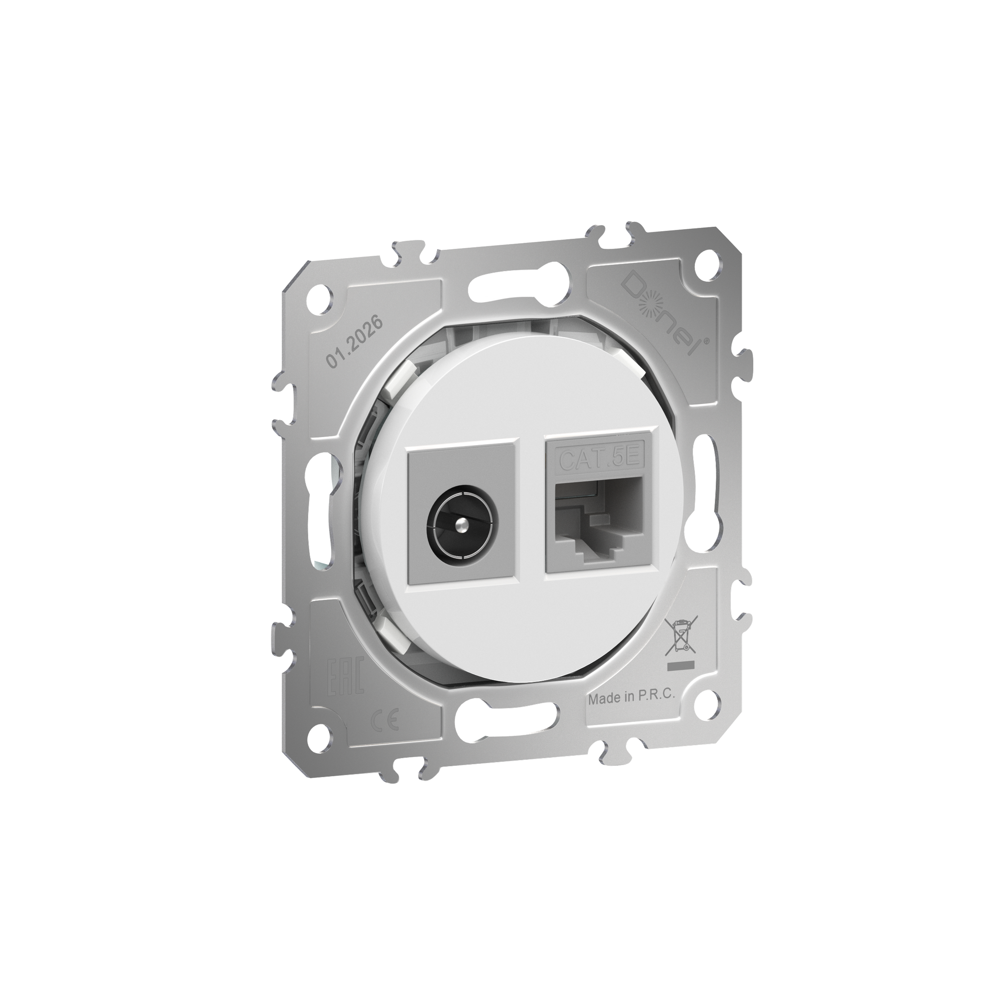 Розетка комбинированная RJ45 cat.5e + TV/SAT простая с разъёмом папа, цвет глянцевый белый, серия D16, Donel