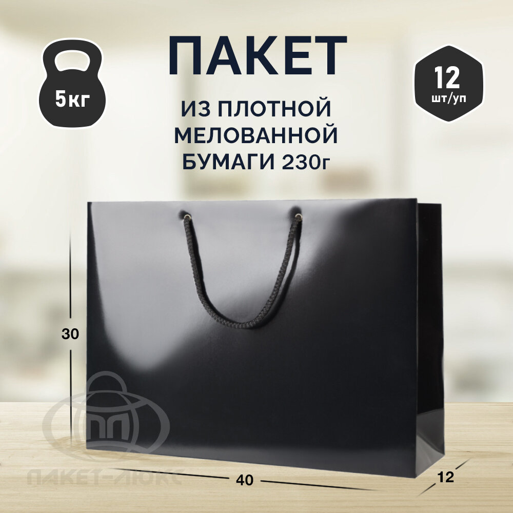 12 бумажных подарочных пакетов 40*30*12 см, Черные ВИП, горизонтальные, глянцевые