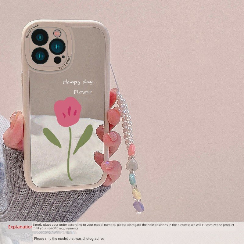 Чехол для iPhone 16 Plus в античном белом цвете с цветочным узором и зеркальной отделкой, в подарок браслет