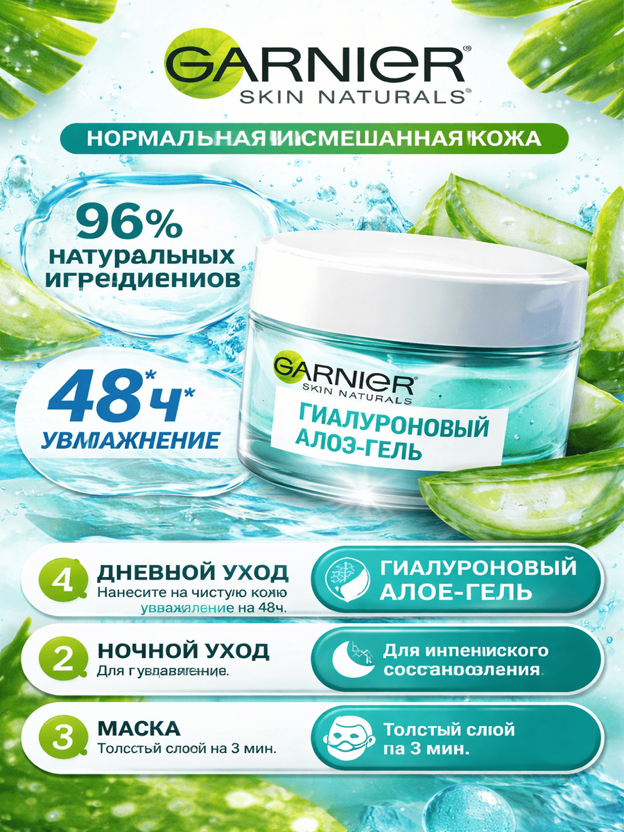 Гель для лица Garnier Skin Naturals Гиалуроновый Алоэ-гель увлажняющий для нормальной и смешанной кожи, 50мл