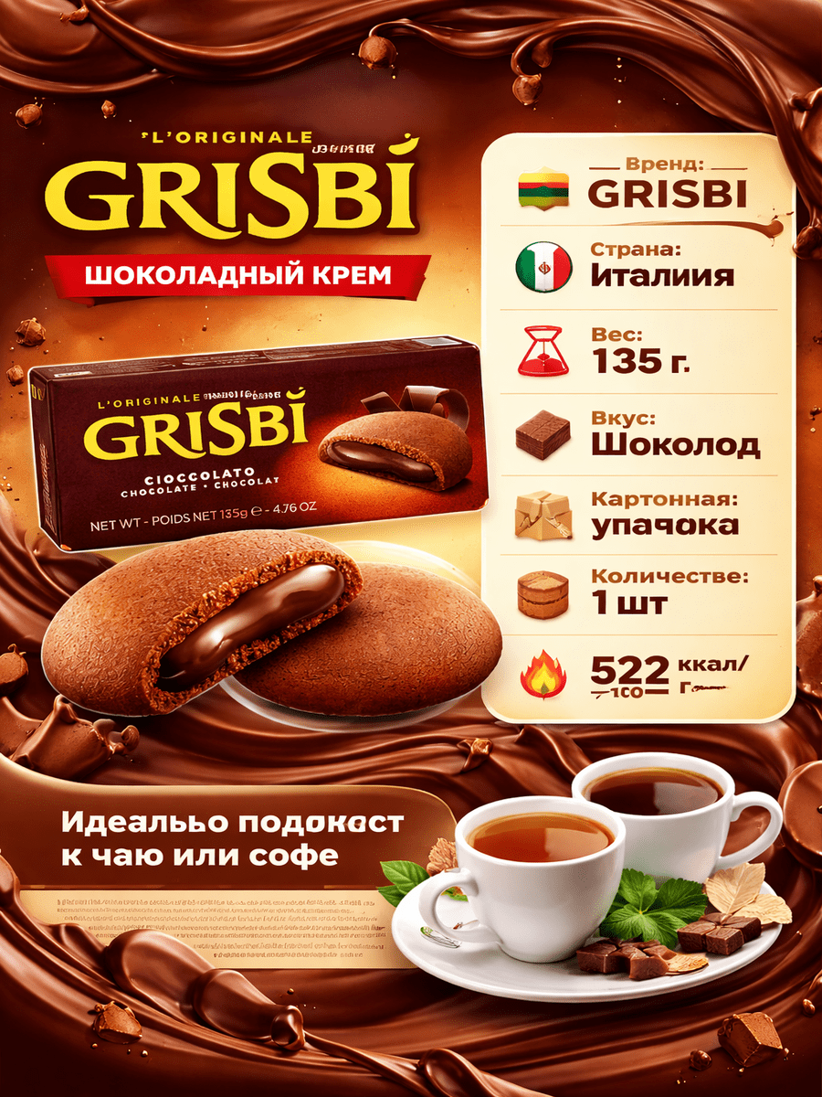 Печенье Grisbi с шоколадным кремом, 135г