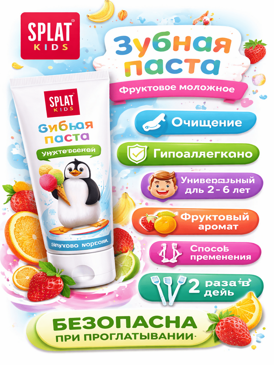 Зубная паста детская Splat Kids Фруктовое мороженое от 2 до 6 лет, 63г