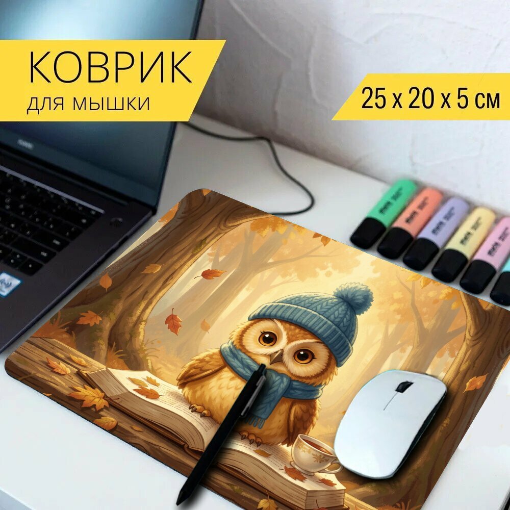 Коврик для мыши с принтом "Филин в вязаных аксессуарах. Очаровательная лесная птица в тёплой одежде сидит на раскрытой книге рядом с чашкой чая; вокруг янтарная листва." 25x20см.