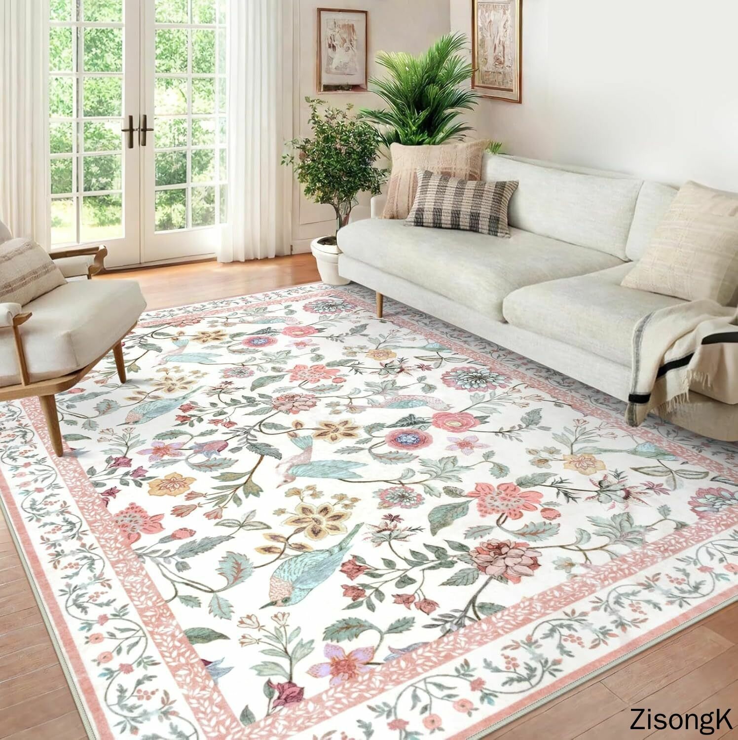 Ковёр ZisongK белый с розовой рамкой, цветочный узор с птицами, 80x120 см, для гостиной, коврополотно