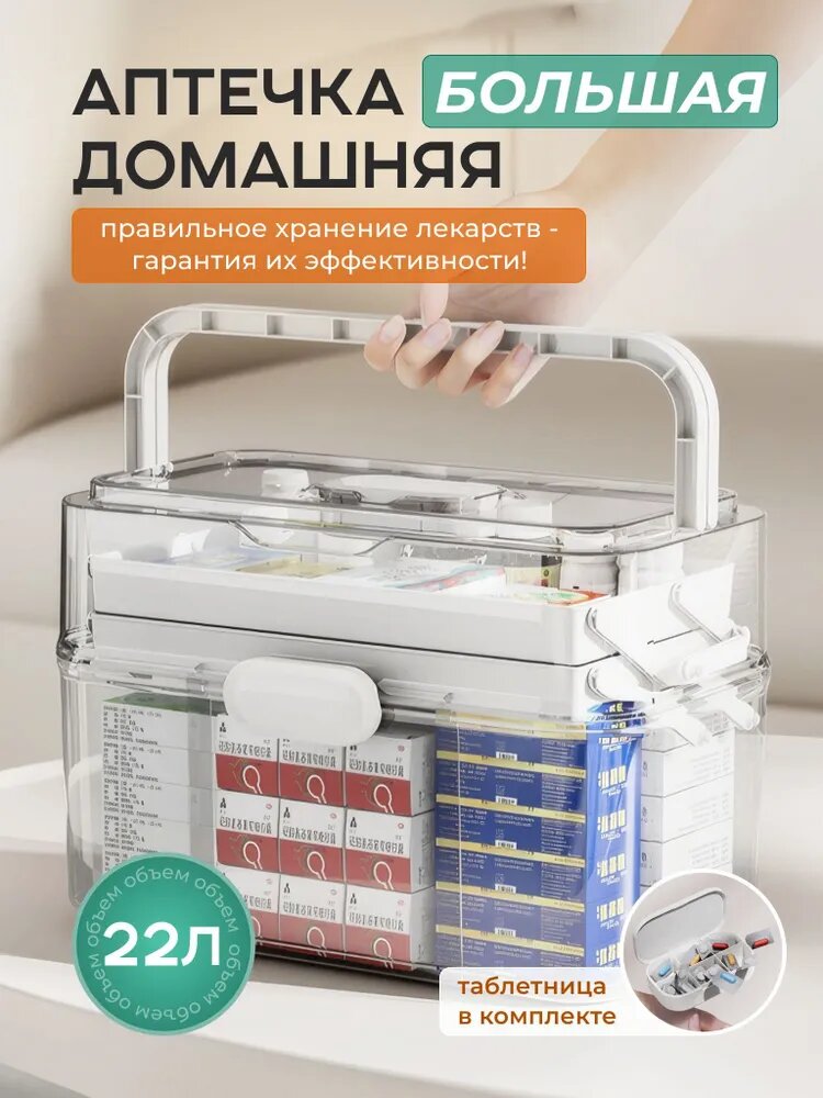 Аптечка домашняя пластиковая, контейнер, органайзер для хранения лекарств и медикаментов