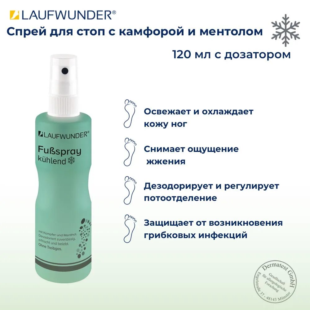 Laufwunder Спрей для ухода за кожей ног и стоп с камфарой и ментолом склонной к повышенному потоотделению, дезодорант для ног, охлаждающий, 120 мл