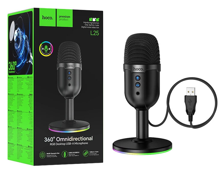 HOCO L25 Bright Твой профессиональный звук за 5 секунд. Стильный RGB-микрофон для стримов и конференций.