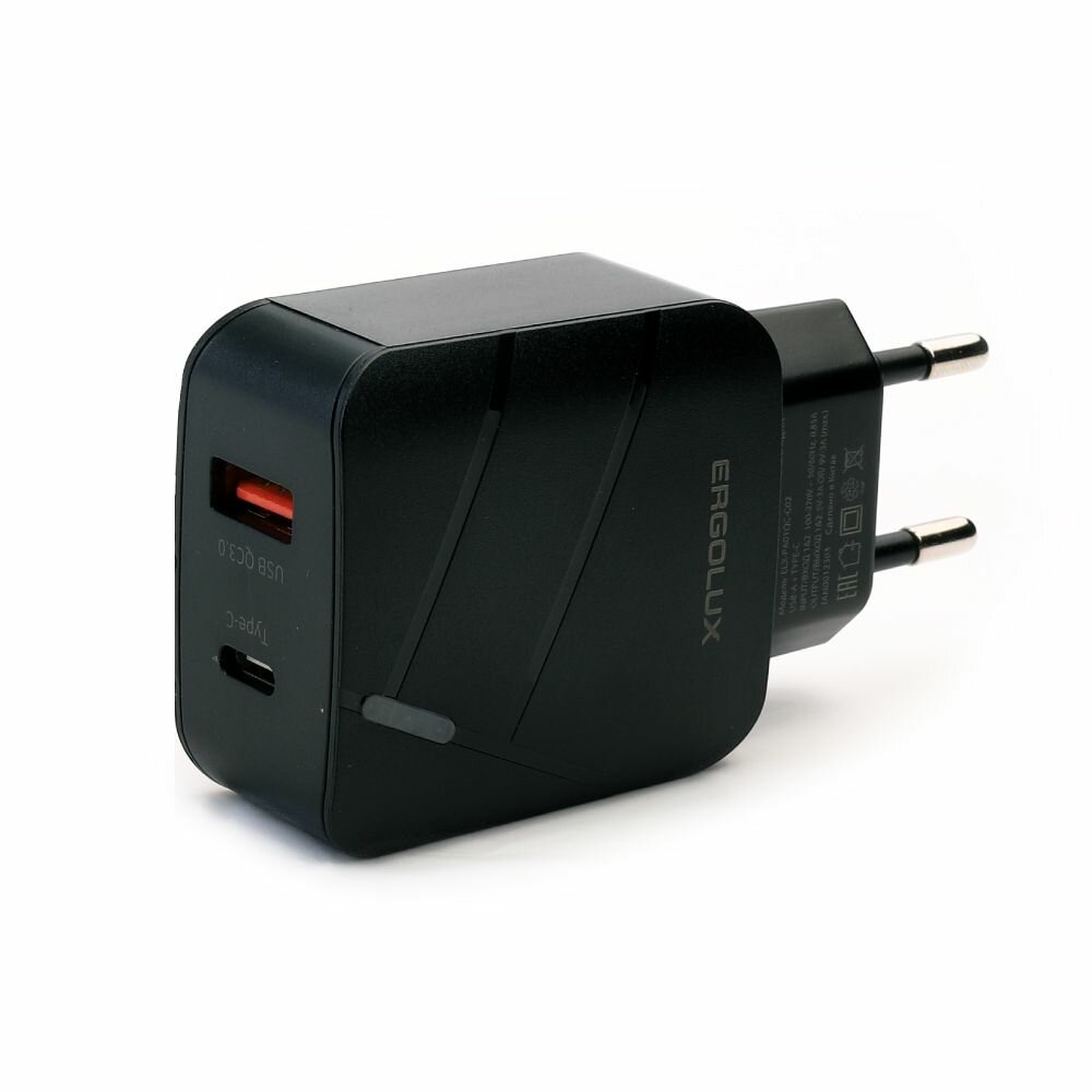 Зарядное устройство для телефона, сетевой адаптер 18 Вт, СЗУ с разъемом USB+Type C+QC, черный