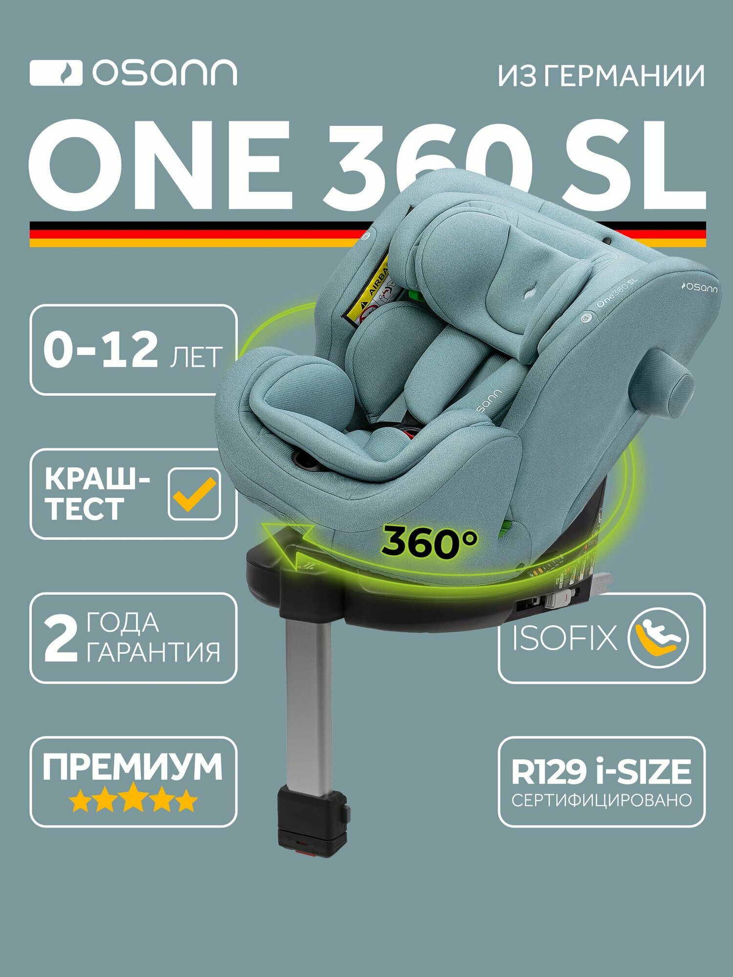 Автокресло детское Osann One360 SL Sky (бирюзовый) для новорожденных и детей до 12 лет, от 40 до 150 см, 0-36 кг, c ISOFIX и опорной ногой