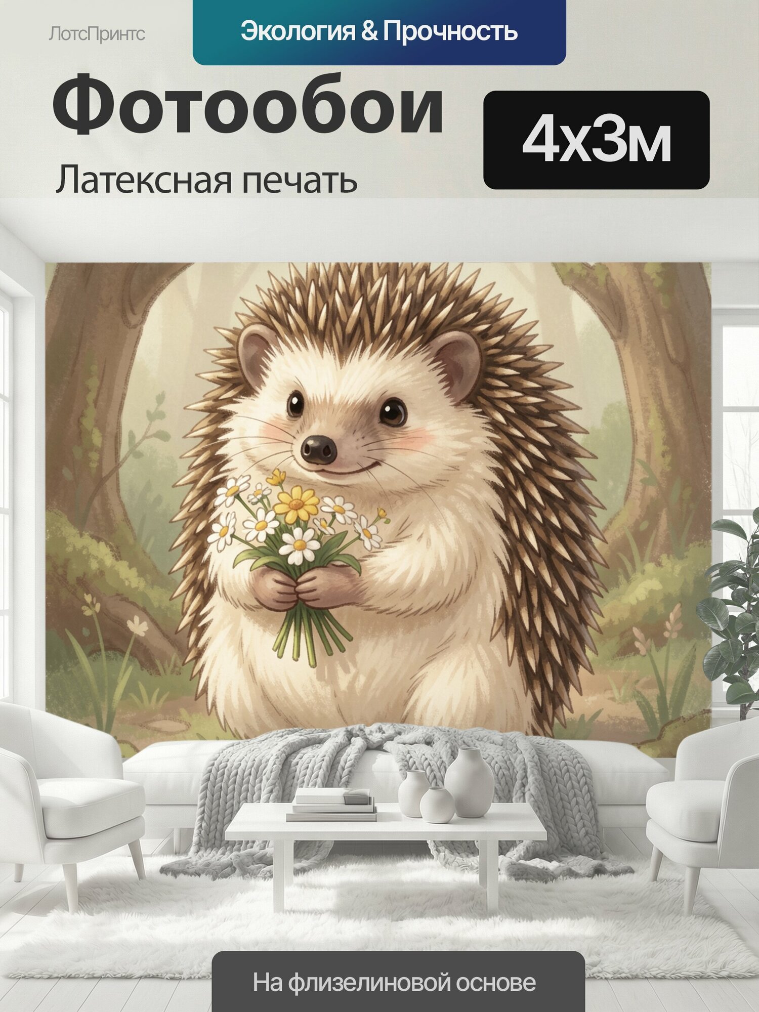 Фотообои моющиеся ударопрочные "Ежик с букетом ромашек. Милый лесной зверек в мягкой акварельной иллюстрации держит полевые цветы, вокруг теплые." 400x300 см. латексная печать