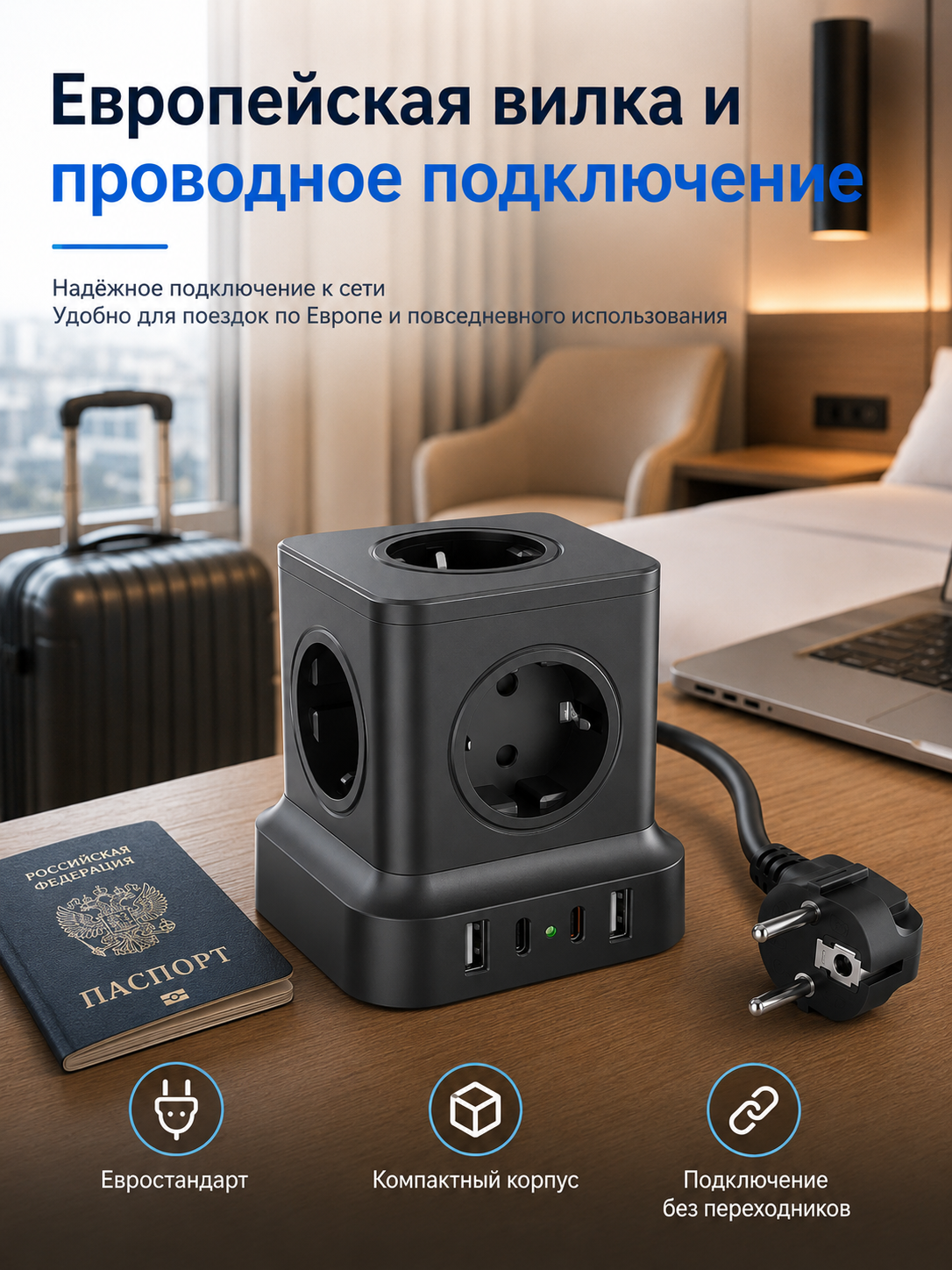 Квадратный сетевой удлинитель евростандарт с USB‑портами, вертикальный разветвитель питания для дома и офиса