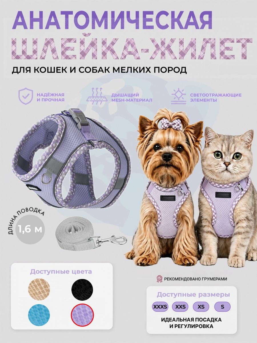 Шлейка-жилетка для собак и кошек со светоотражателями и поводком 1.6м, дышащая сетчатая, Фиолетовый
