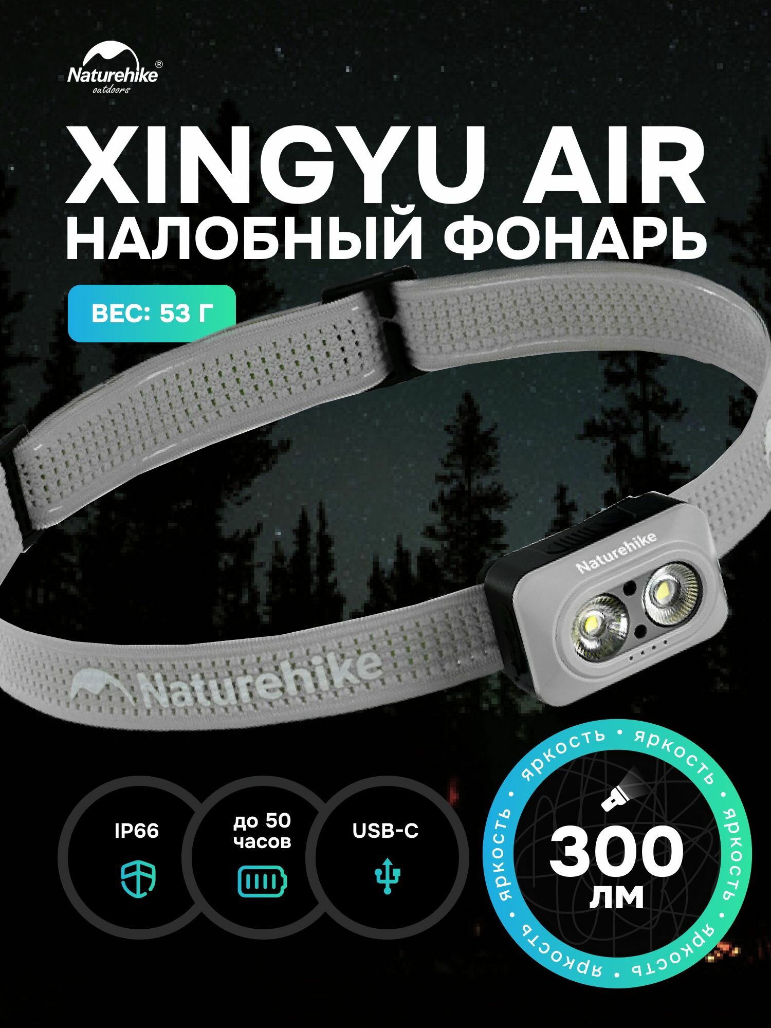Фонарь налобный аккумуляторный Naturehike Xingyu Air, 300Lm, серый