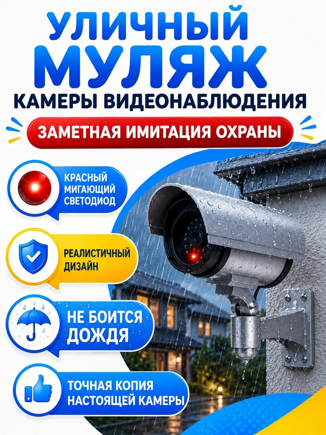 Муляж камеры видеонаблюдения с LED подсветкой, имитация работы, защита от воров