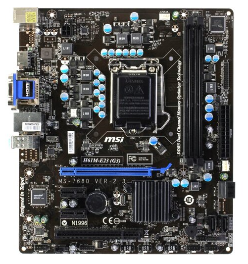 Материнская плата MSI H61M-E23 (G3), microATX, 1 слот PCI, 2 слота DDR3, пассивное охлаждение
