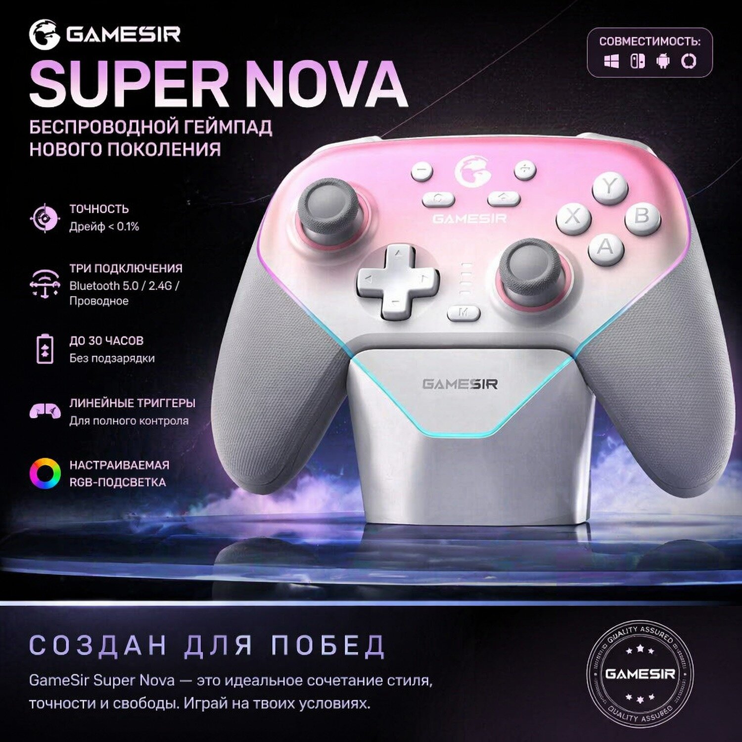 Беспроводной Геймпад GameSir Super Nova с док-станцией, Белый/Розовый