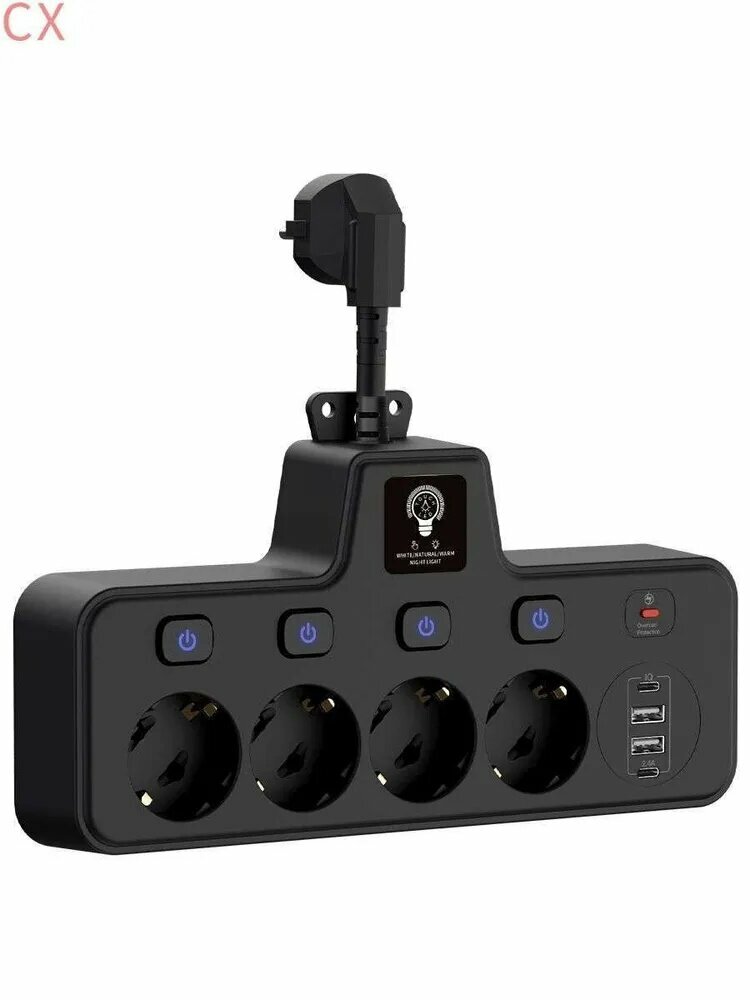 8-в-1 розетка KINGLINK с ночником 4 EU розетки + 4 USB Защита 850 C Сенсорный свет Настенный монтаж